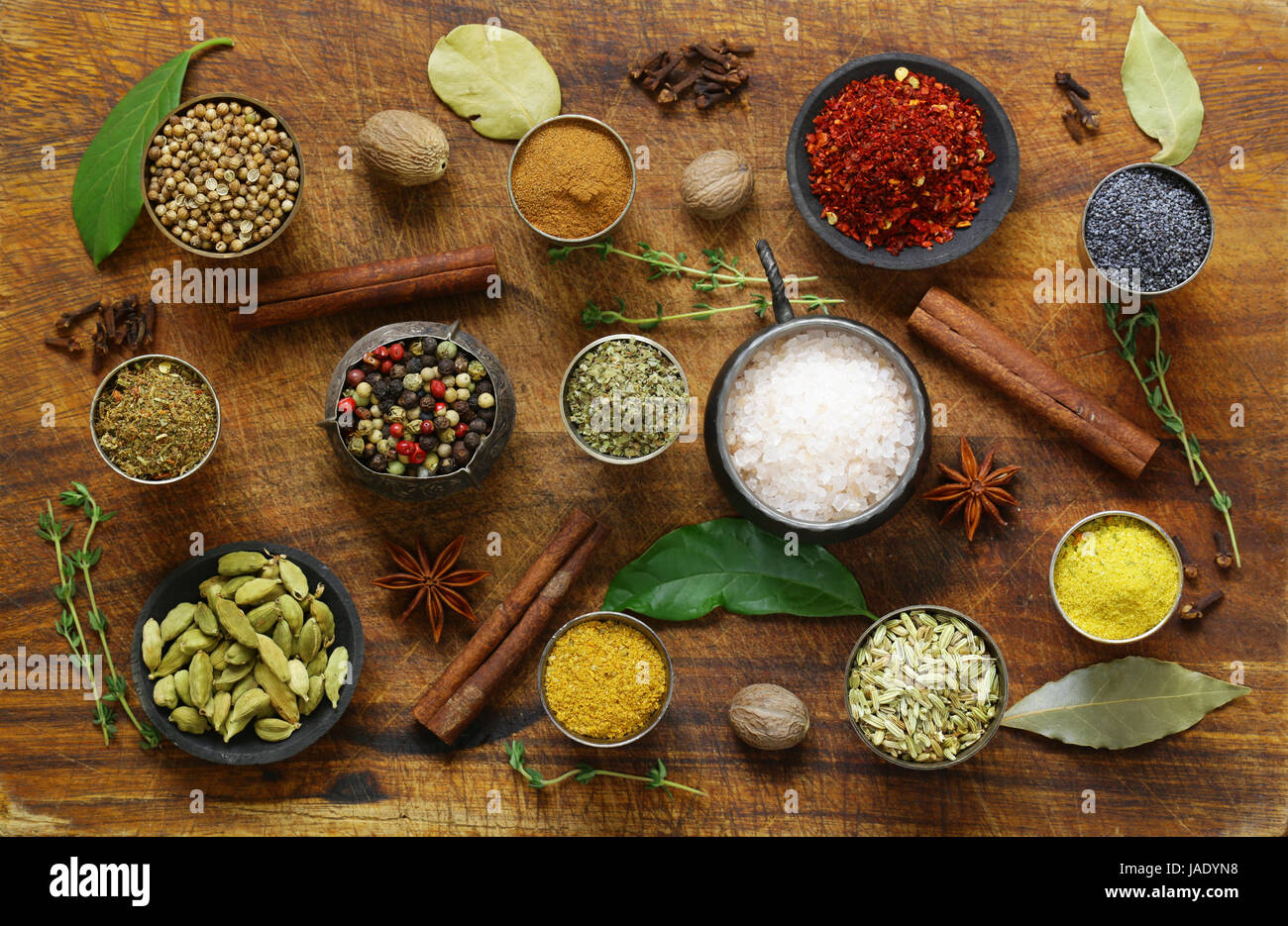 Various spices (pepper, fennel, turmeric, anise, cinnamon Stock Photo ...