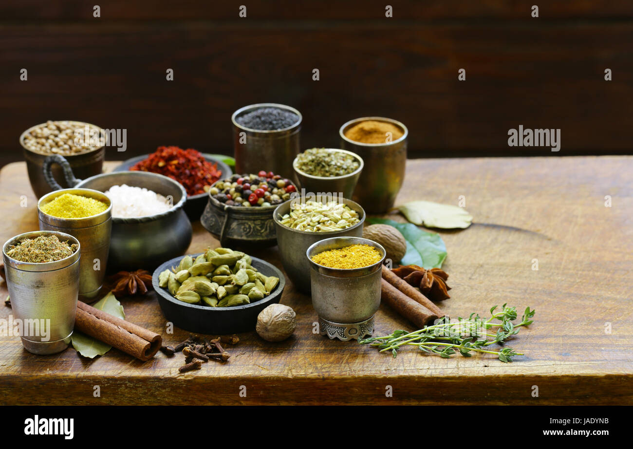 Various spices (pepper, fennel, turmeric, anise, cinnamon Stock Photo ...