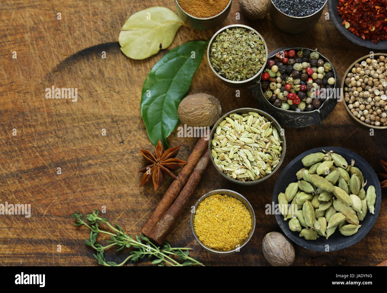 Various spices (pepper, fennel, turmeric, anise, cinnamon Stock Photo ...
