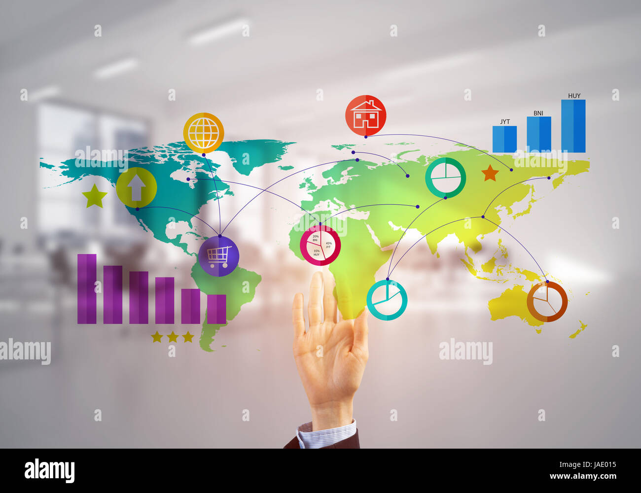 Modern office interior and close of businesswoman hand choosing icon on ...