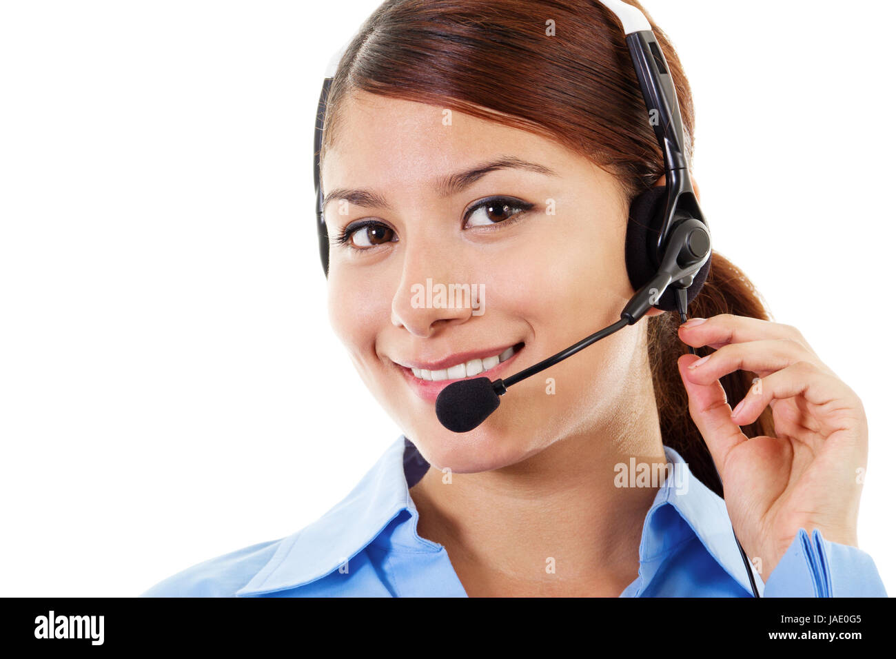 Stock image of female call center operator over white background Stock Photo - Alamy