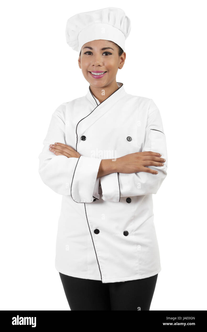 Stock image of female chef isolated on white background Stock Photo - Alamy