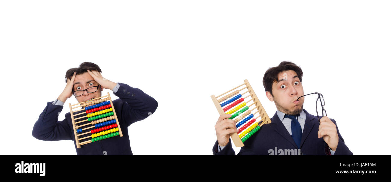 Angry accountant with abacus isolated on white Stock Photo - Alamy