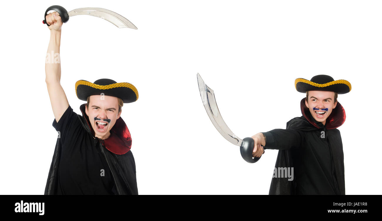 Young pirate holding sword isolated on white Stock Photo - Alamy