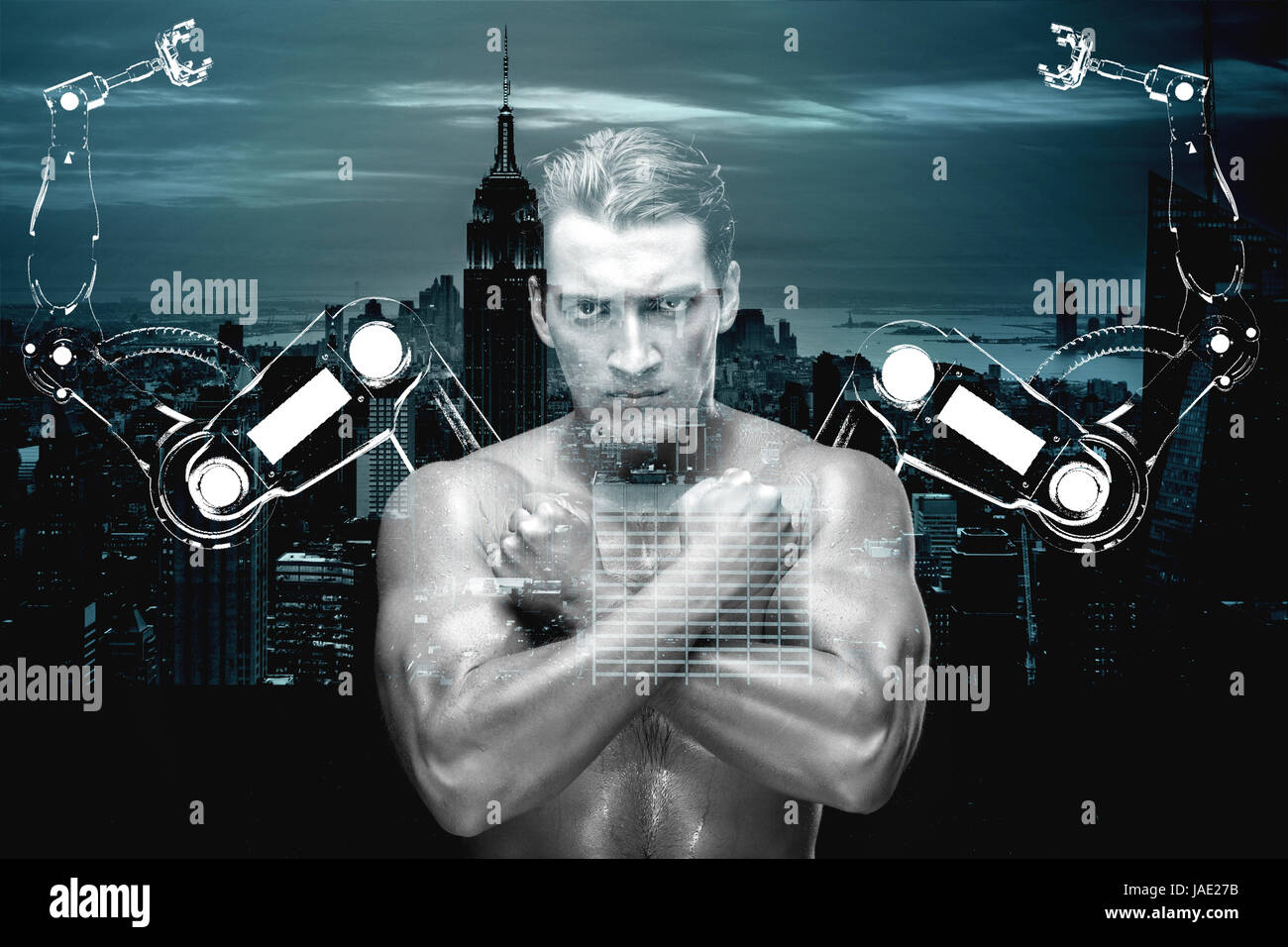 Businessman man with robotic arms Stock Photo - Alamy