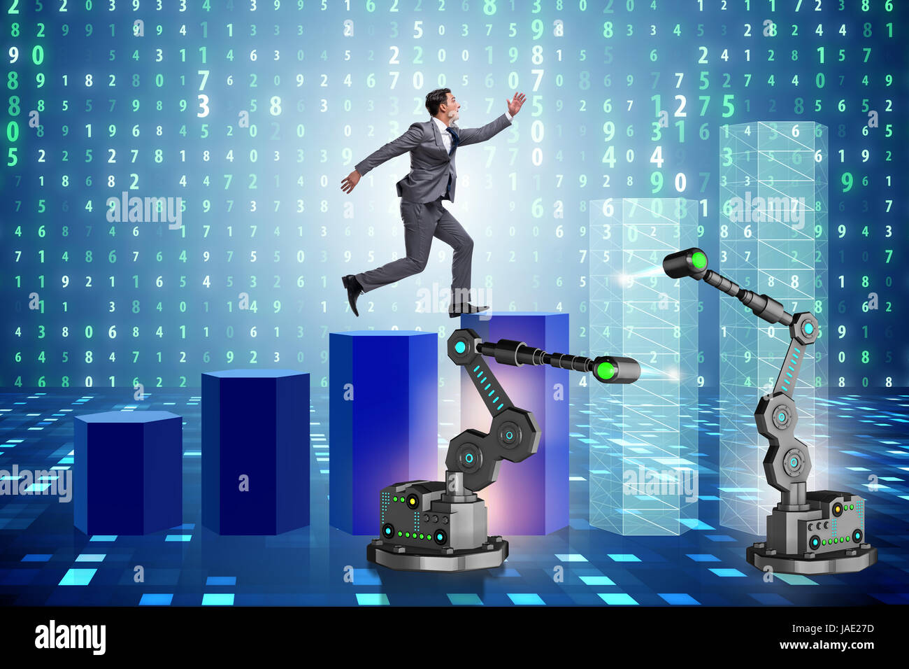Businessman walking up the chart supported by robotic arm Stock Photo ...