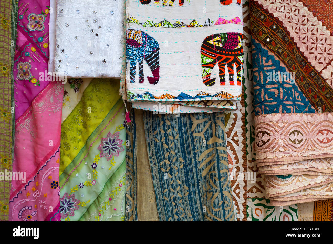 Asian Indian traditional fabric in different colors display Stock Photo ...