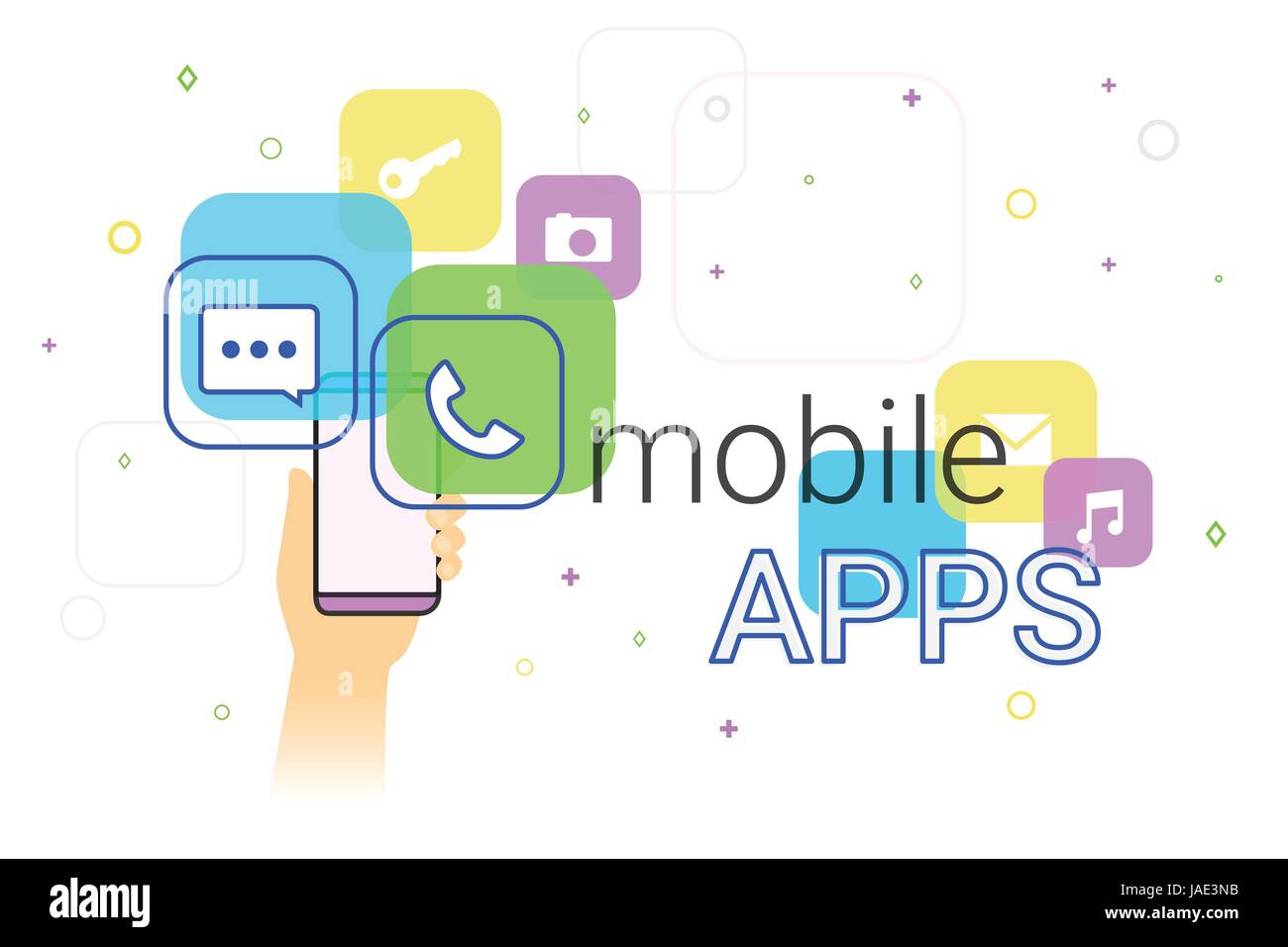 Mobile apps on smartphone concept illustration. Human hand holds smart ...