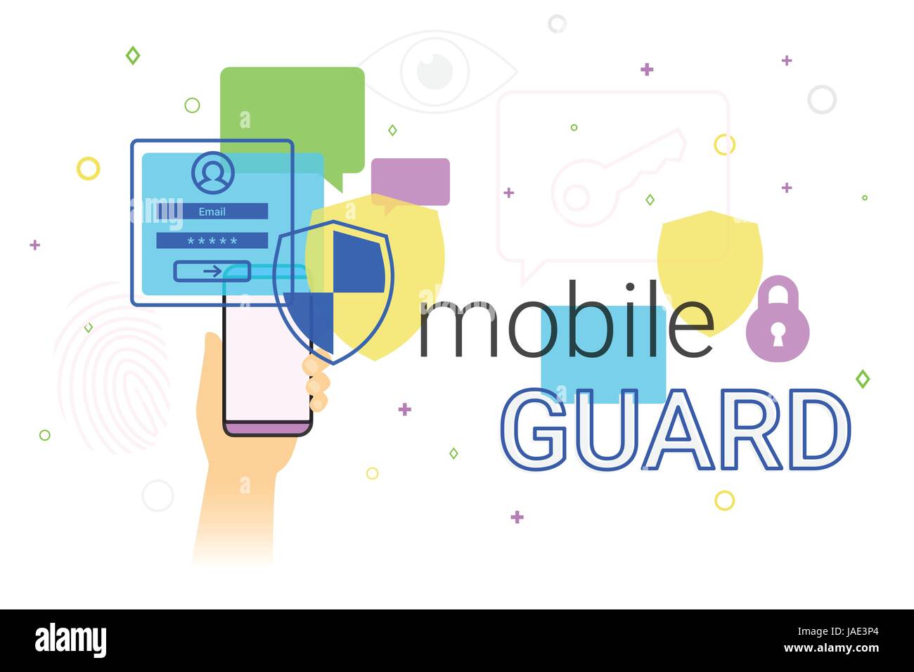 Mobile guard app on smartphone concept illustration. Human hand holds ...