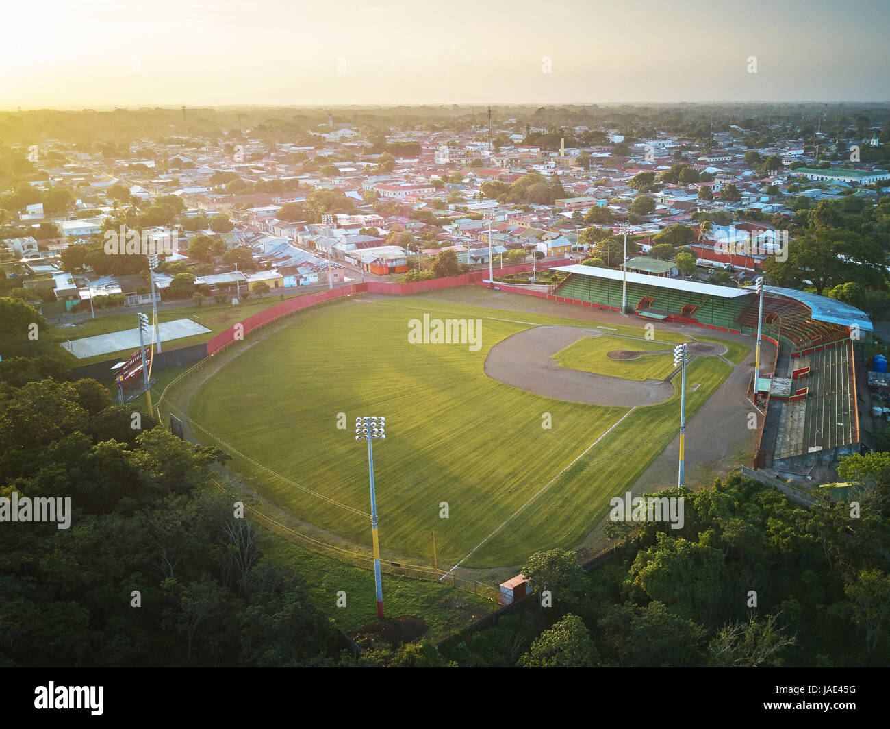 Green clean baseball field on small town landscape drone view Stock ...