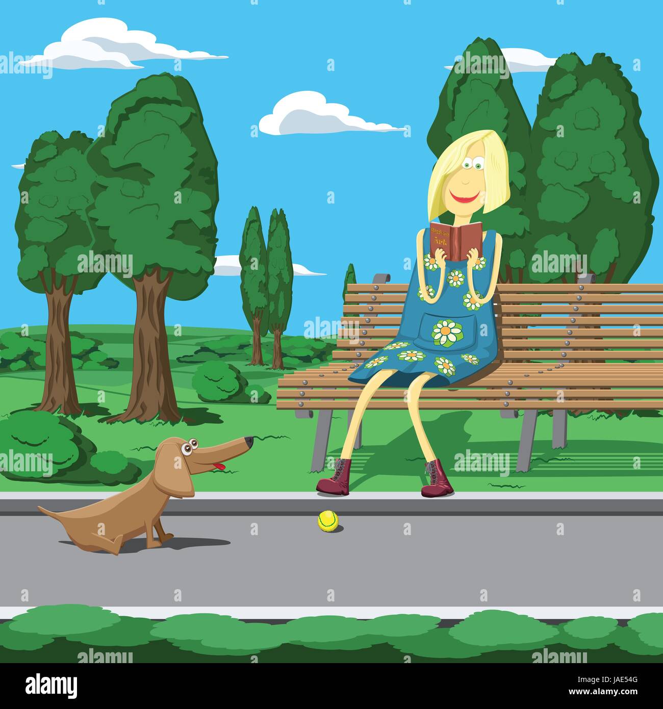 Cartoon girl in park sitting on the banch reading a book Stock Vector ...