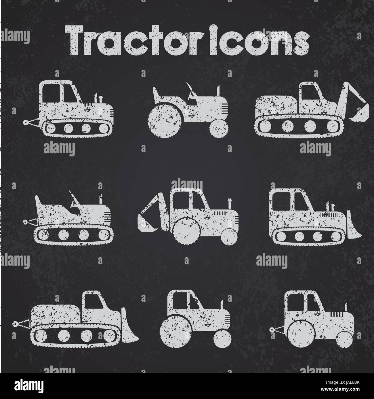 Various Tractor and Construction Machinery Icon set blackboard stylized ...