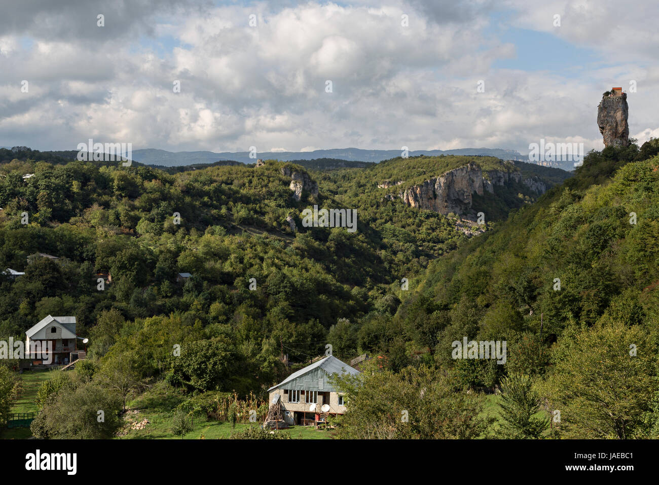Monolithic rock formation known as Katskhi Pillar with a monk's cell on ...