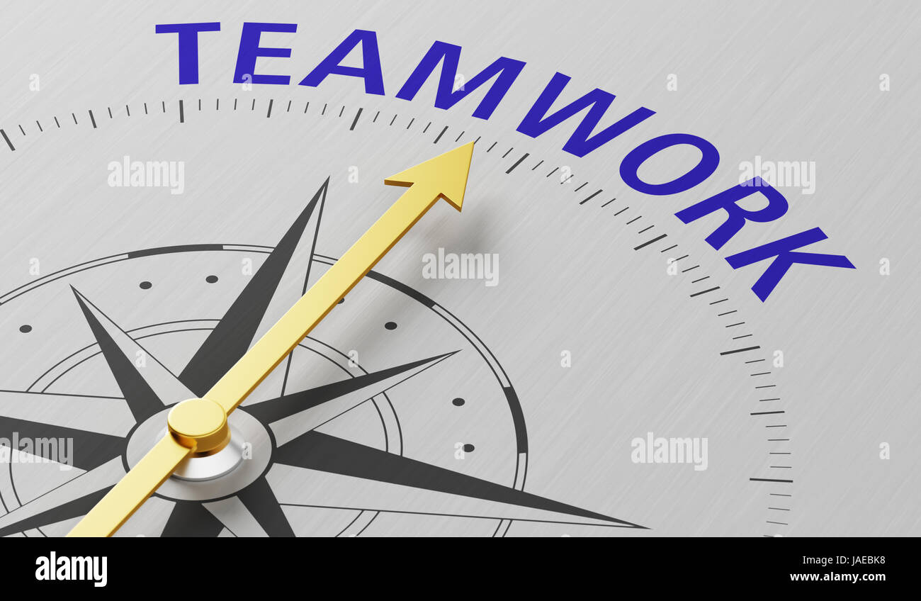 Compass needle pointing to the word Teamwork Stock Photo - Alamy