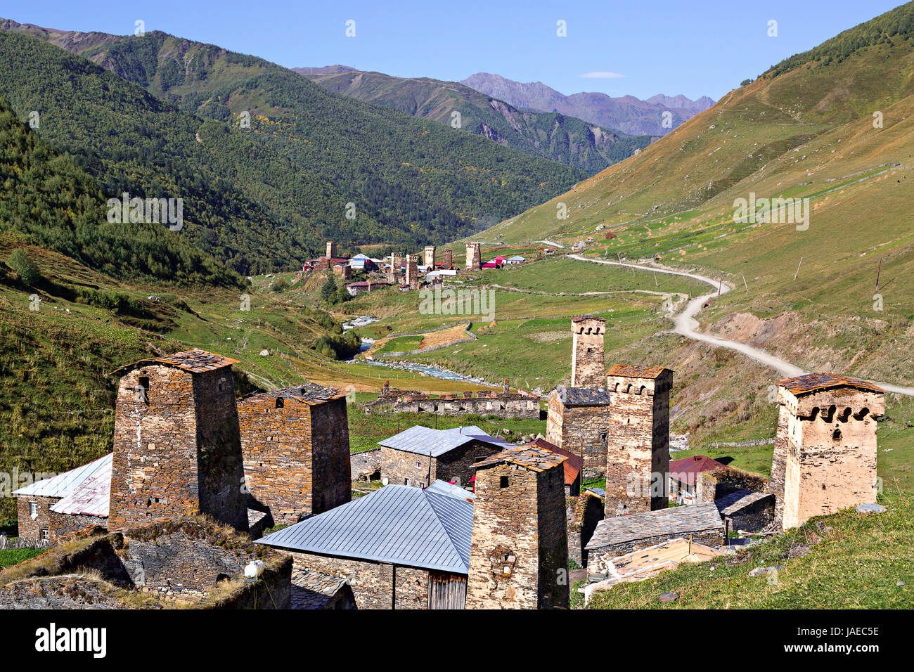 Medieval towers and villages in the Caucasus Mountains, in Georgia ...