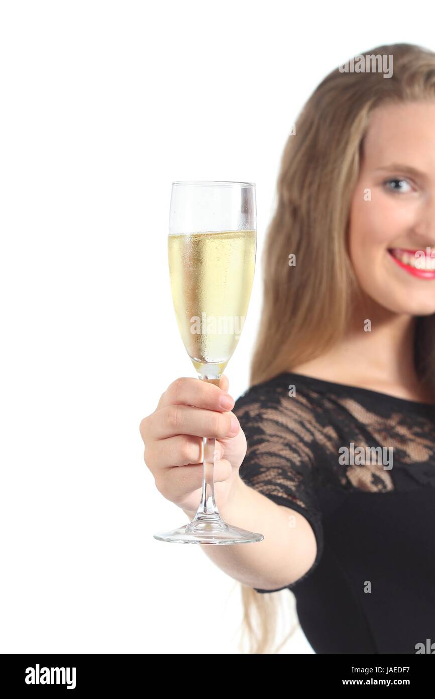 Close up of a beautiful woman toasting with champagne isolated on a ...