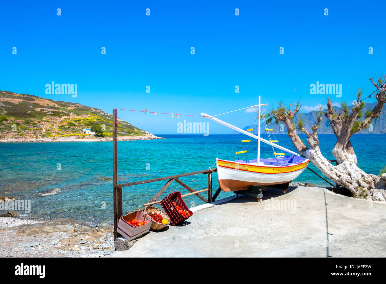 Small traditional fishing village of Mochlos, Crete, Greece Stock Photo ...