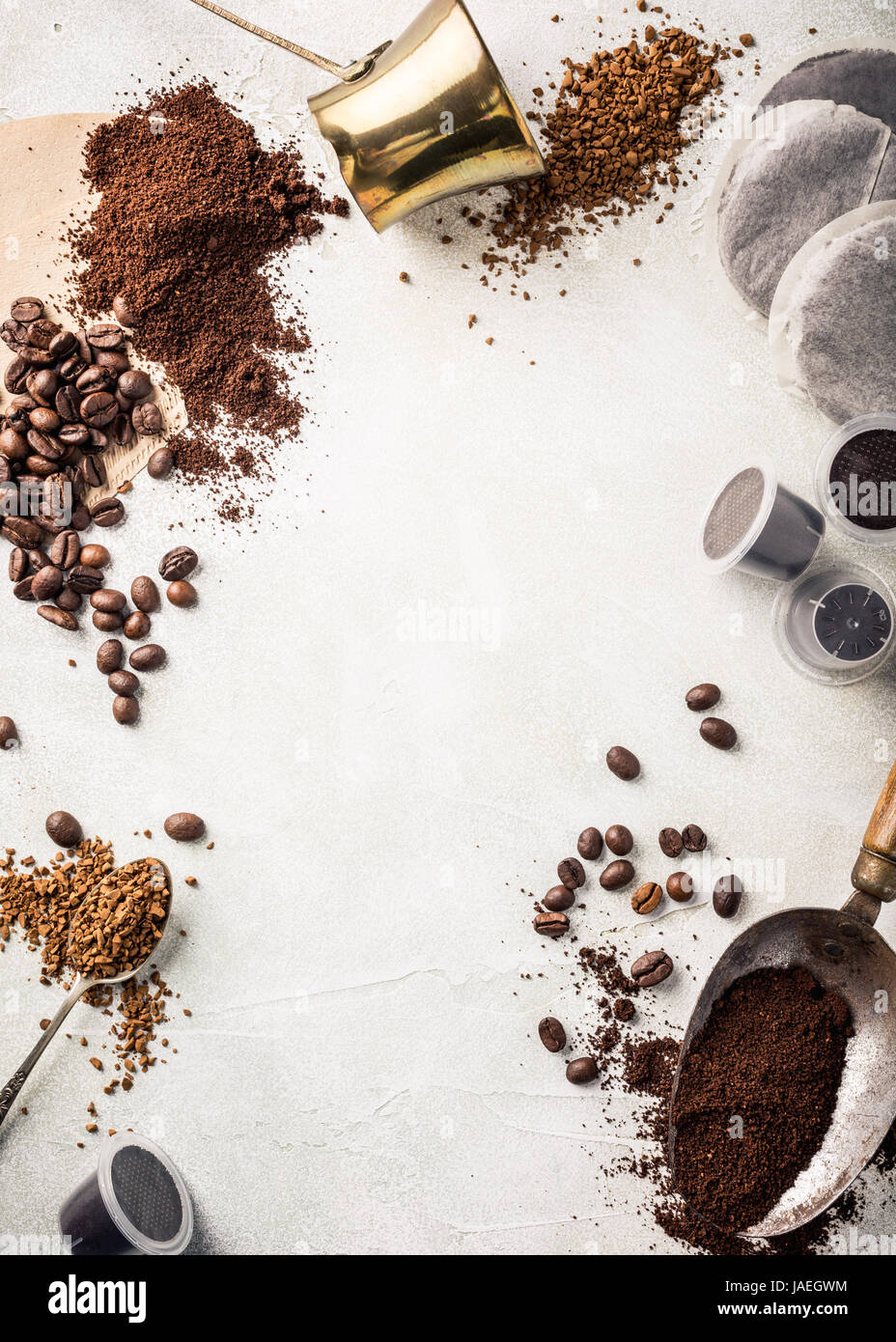 Background with assorted coffee, coffee beans, ground and instant, pads ...