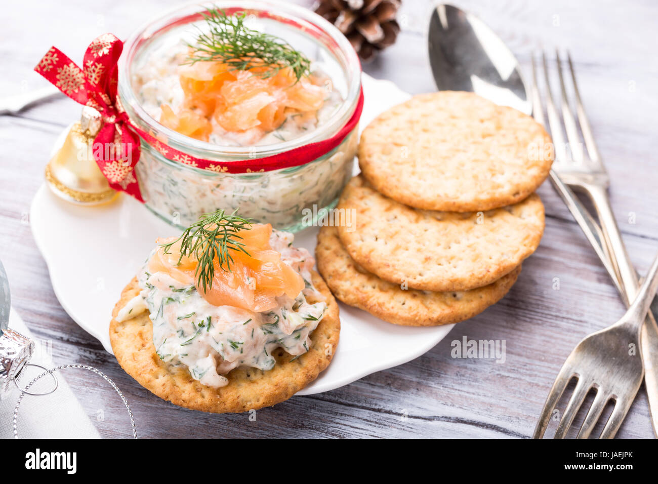 Smoked salmon, soft cheese and dill spread, mousse, pate, rillette in a ...