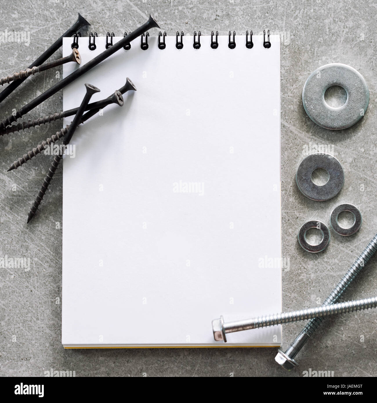 Construction tools. The screws, nuts and bolts arranged around blank ...