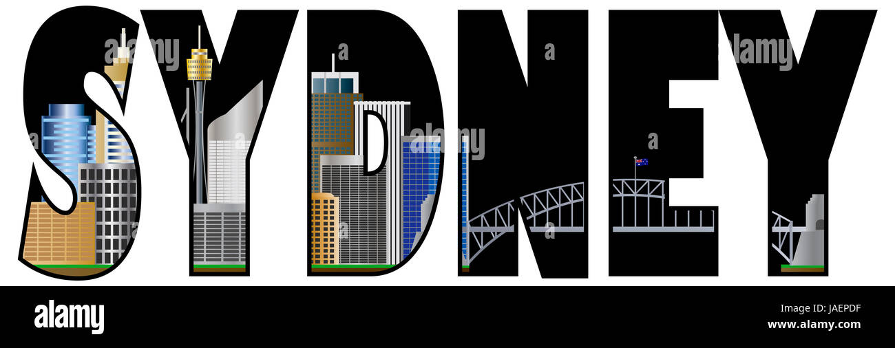 Sydney Australia Text Outline with Tower Bridge Color Illustration ...