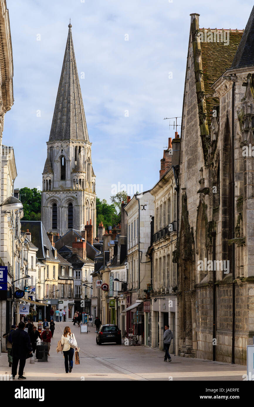France, Loir et Cher, Vendome, Change street and the bell-tower of the ...