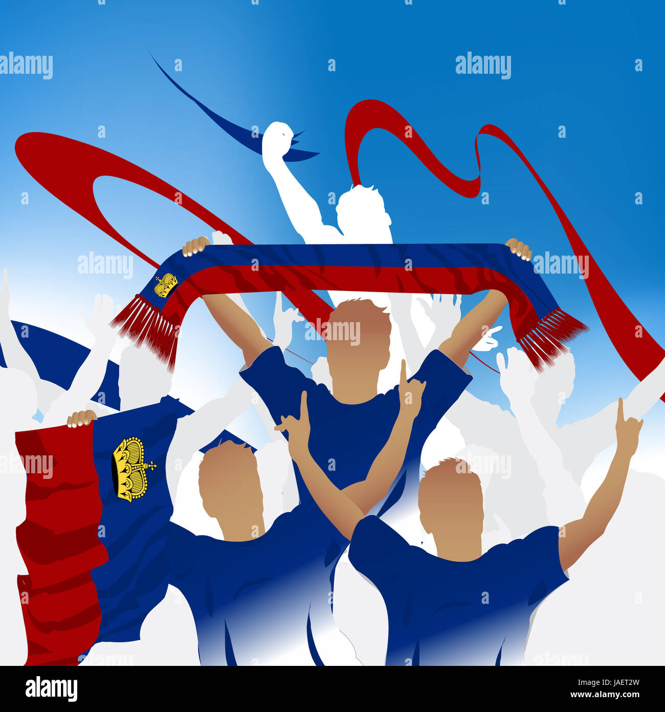 Crowd of soccer fan and three soccer players with scarf and flag Stock ...