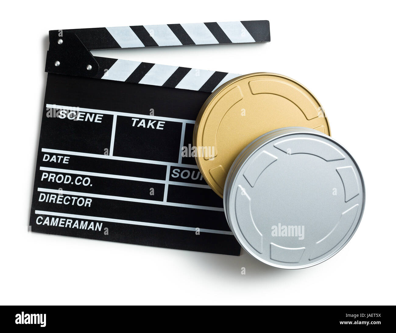 top view of clapper board with boxes of film reels on white background ...