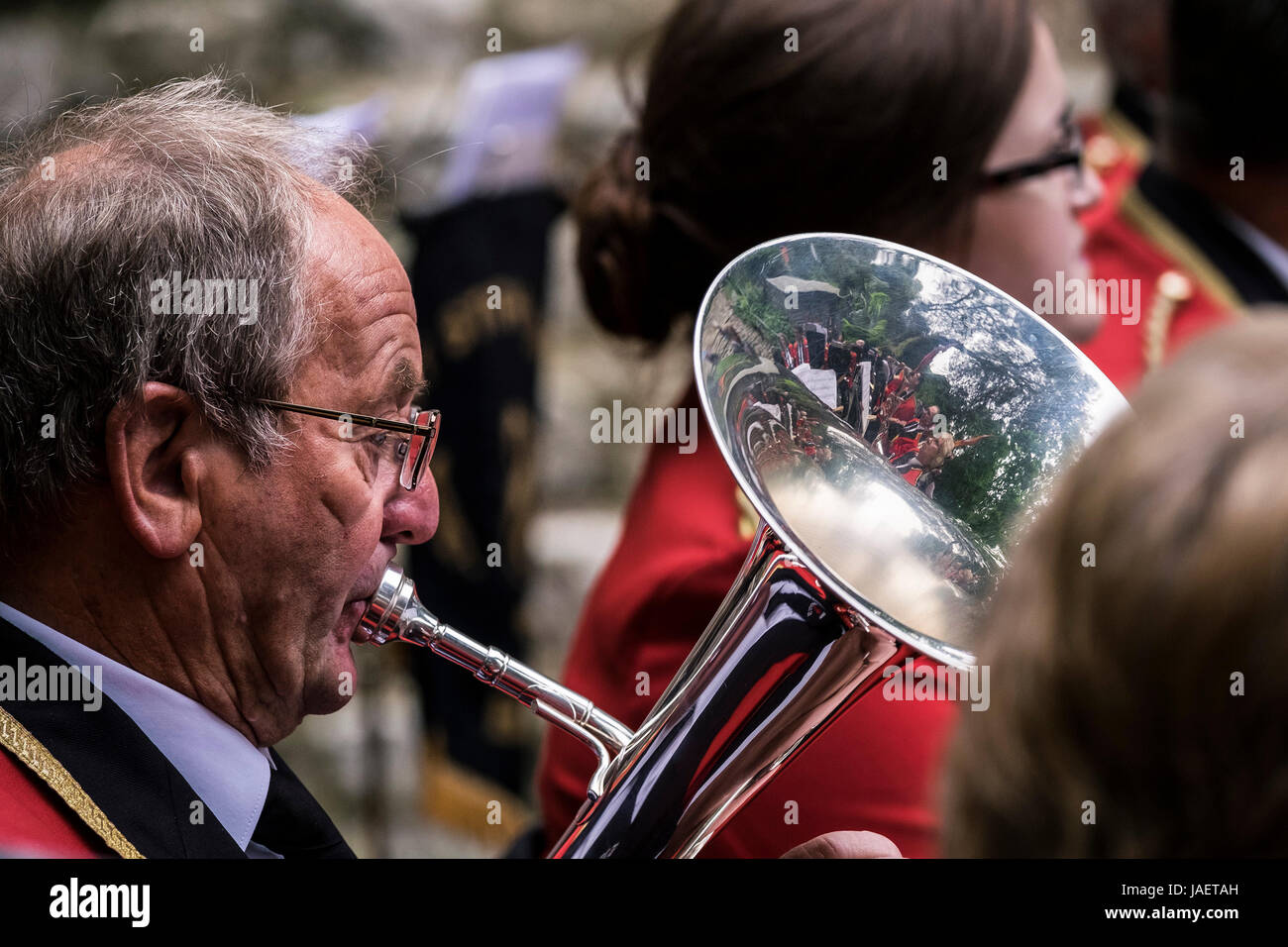 A musican from St Stythians Band performing in Trebah Garden ...