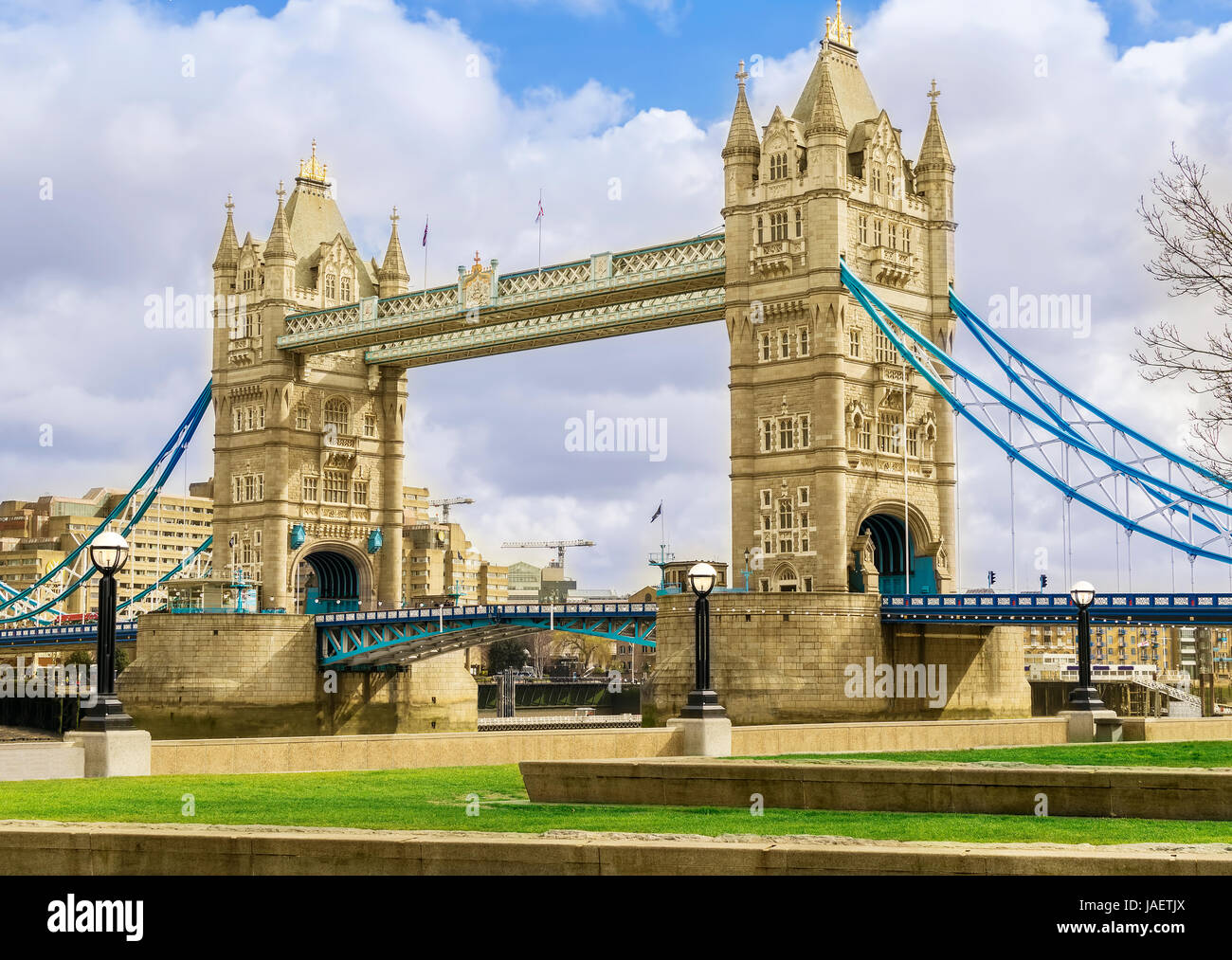 Side angle view of the beautiful colorful London Tower Bridge on the ...
