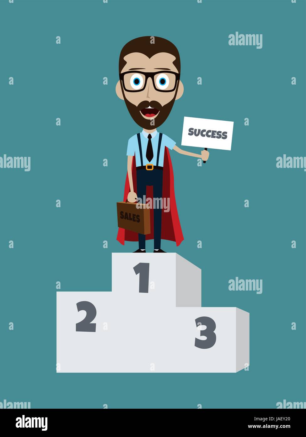 Young businessman in podium flat style cartoon superhero success sign ...