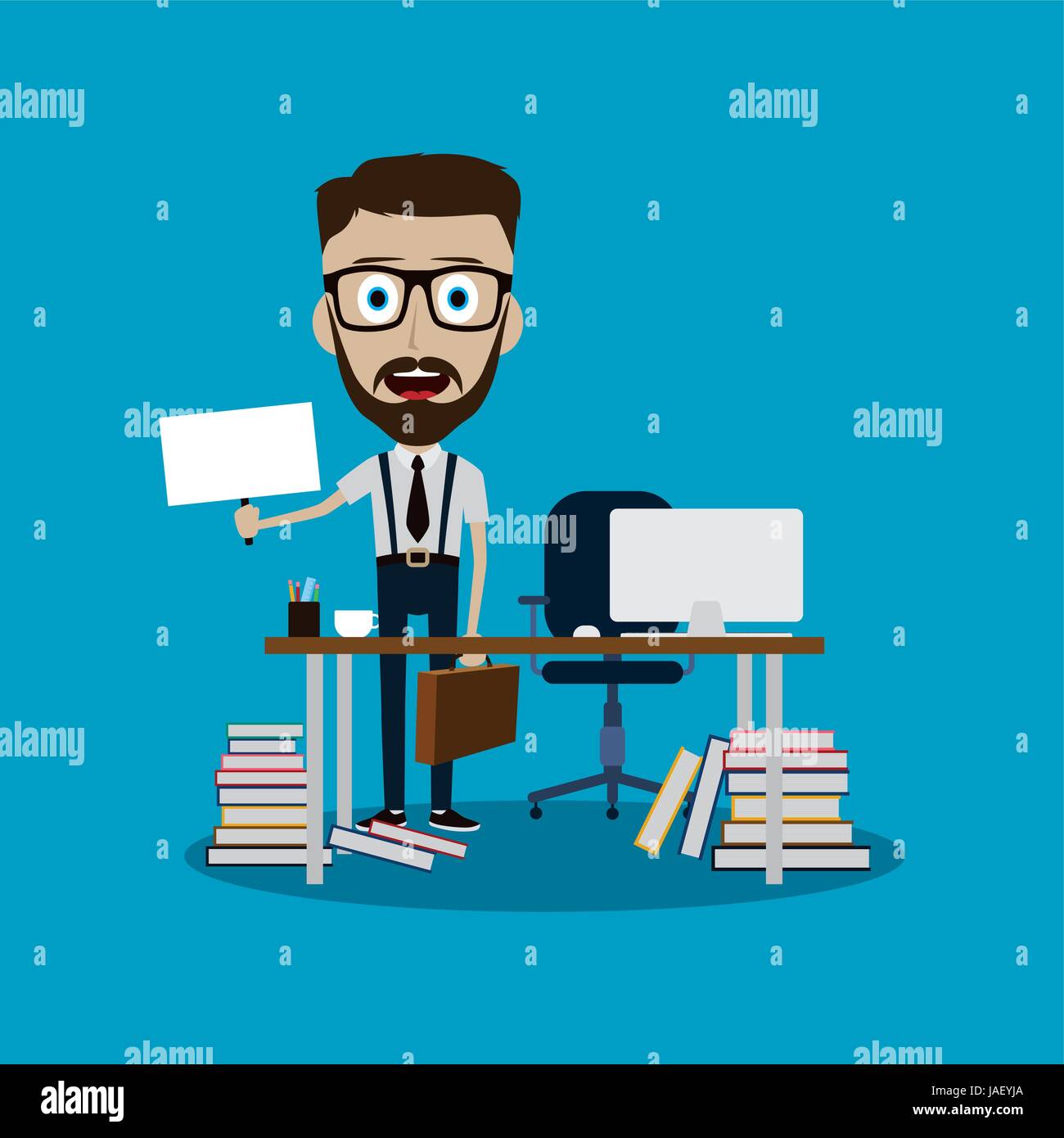 businessman working behind office desk holding blank sign vector art ...