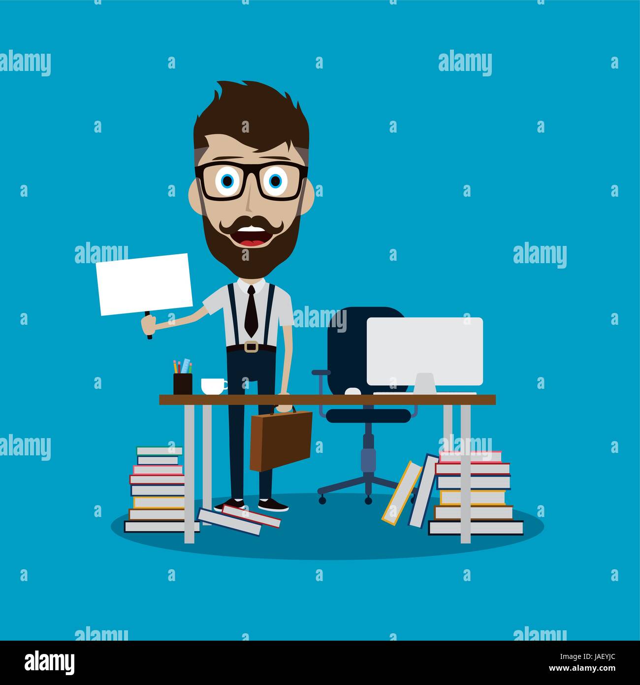 businessman working behind office desk holding blank sign vector art ...