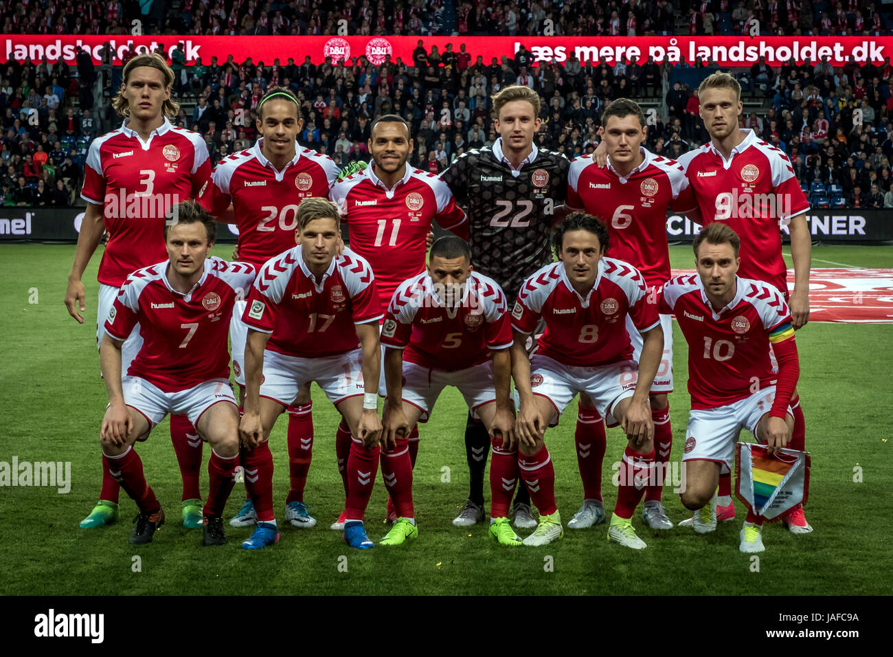 Brondby, Denmark. 6th Jun, 2017. The Danish line-up for the football ...