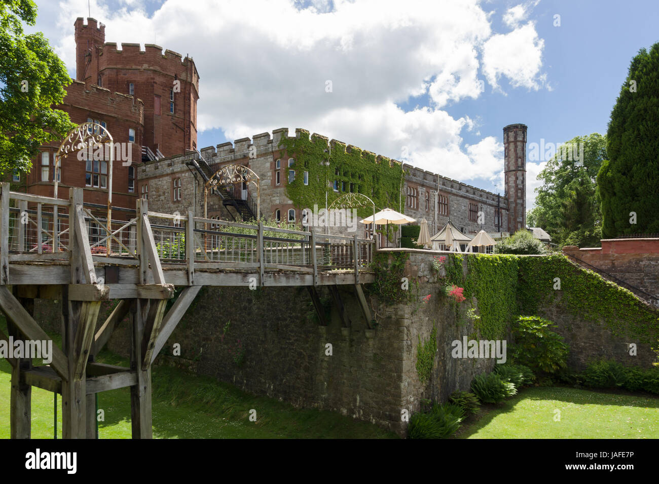Ruthin Castle hotel gardens and wooden walkway built in the late 13th ...