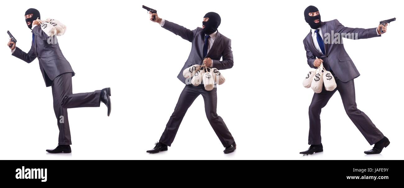 Gangster with bags of money on white Stock Photo - Alamy