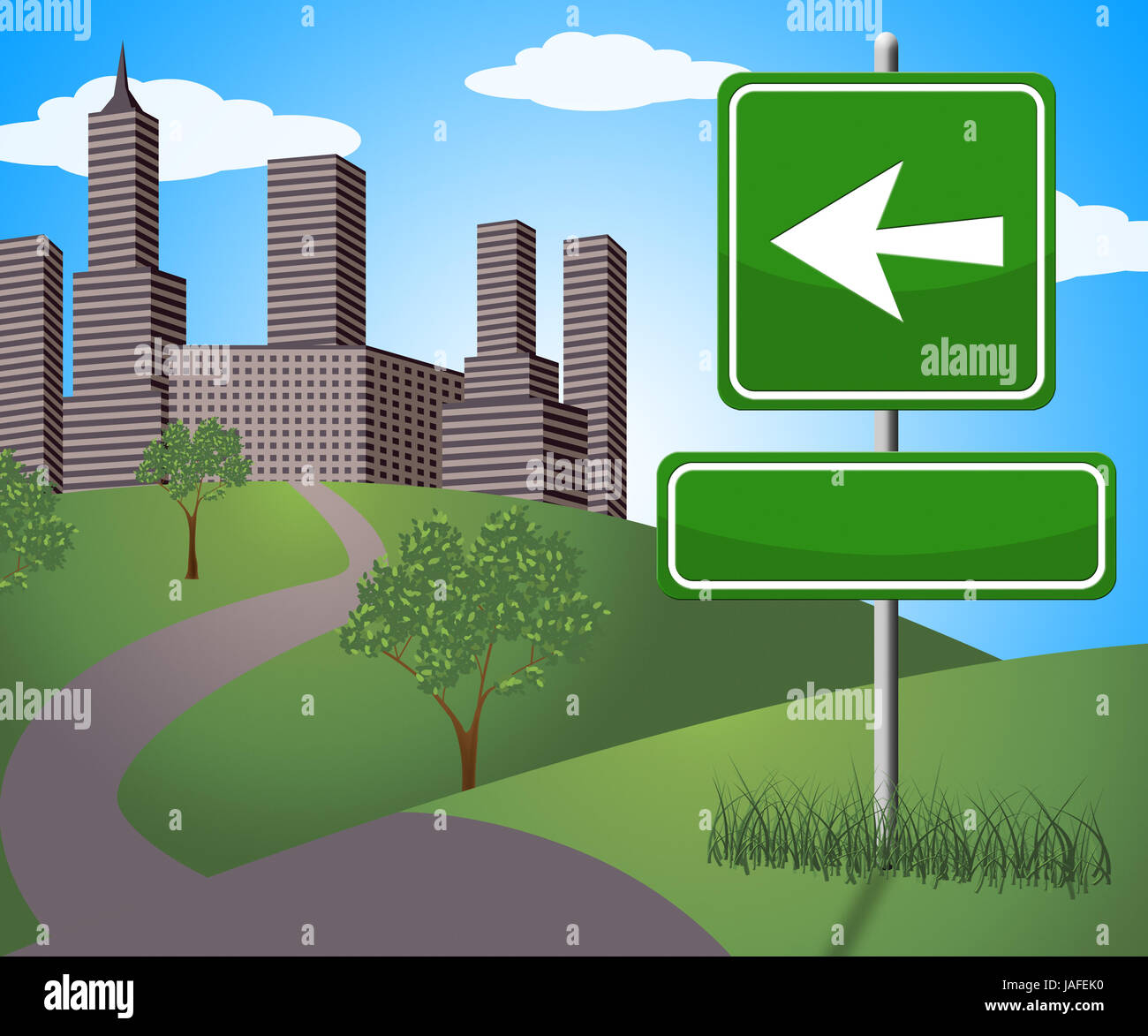 Blank Sign With Arrow Pointing To City 3d Illustration Stock Photo - Alamy