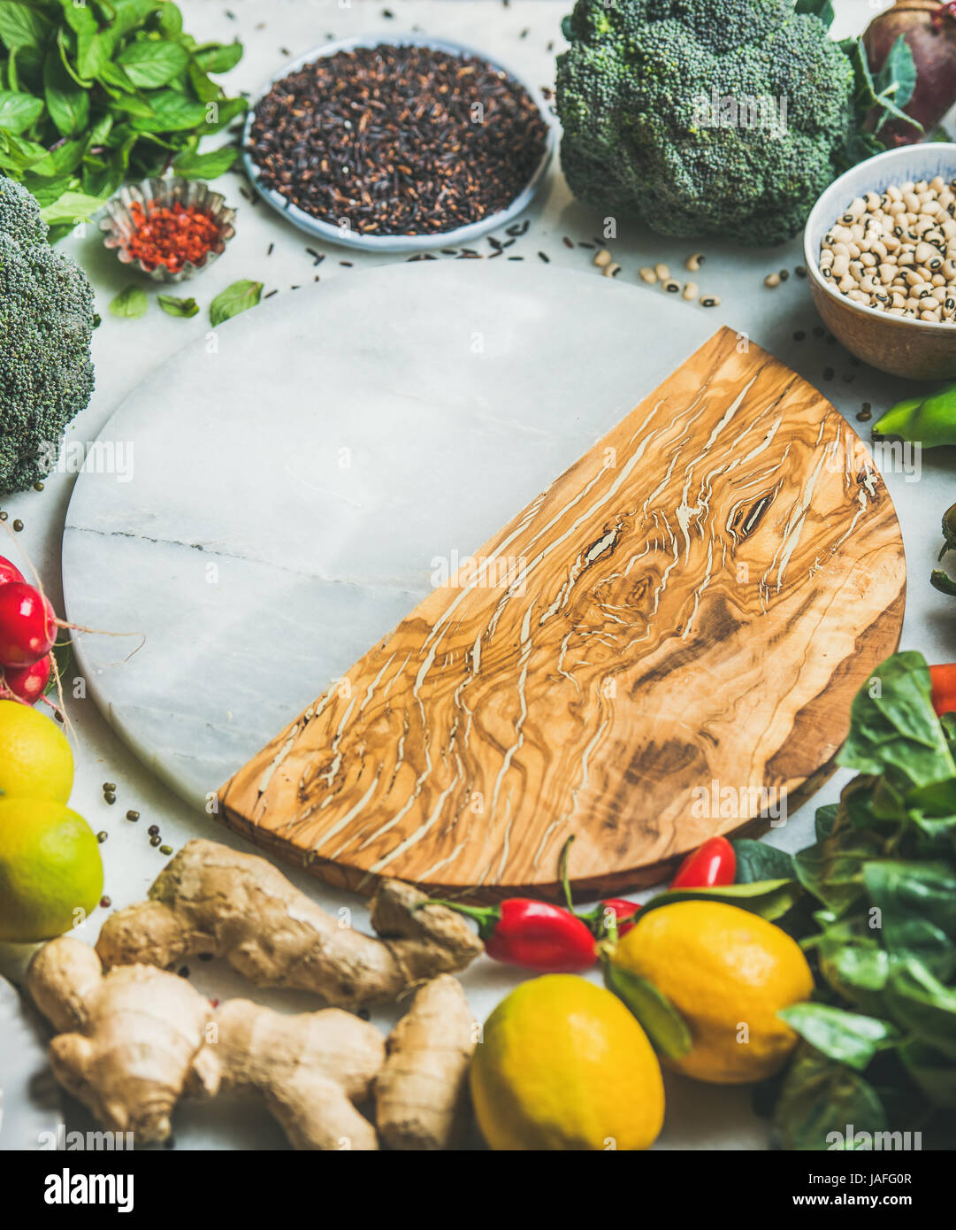 Clean eating healthy cooking ingredients. Vegetables, beans, grains ...