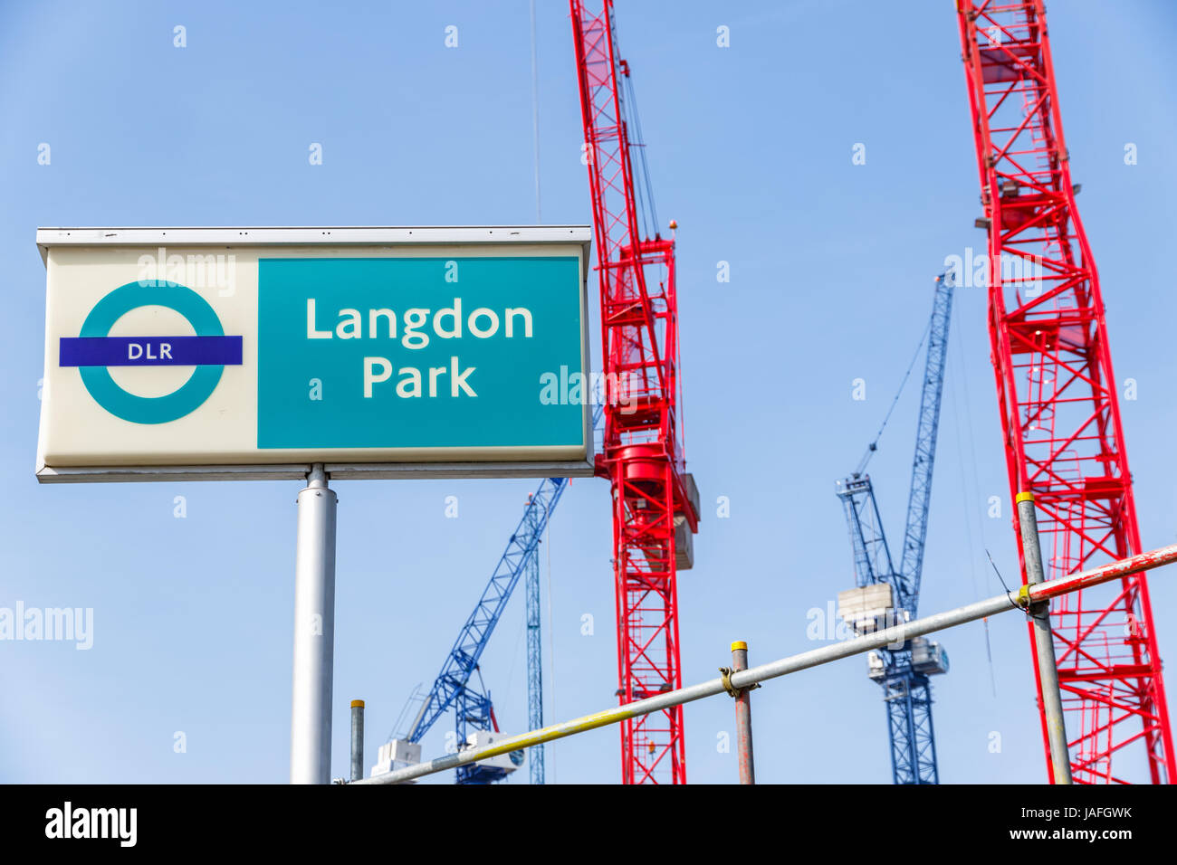 London, UK - March 27th, 2017 - Langdon Park sign with building cranes ...