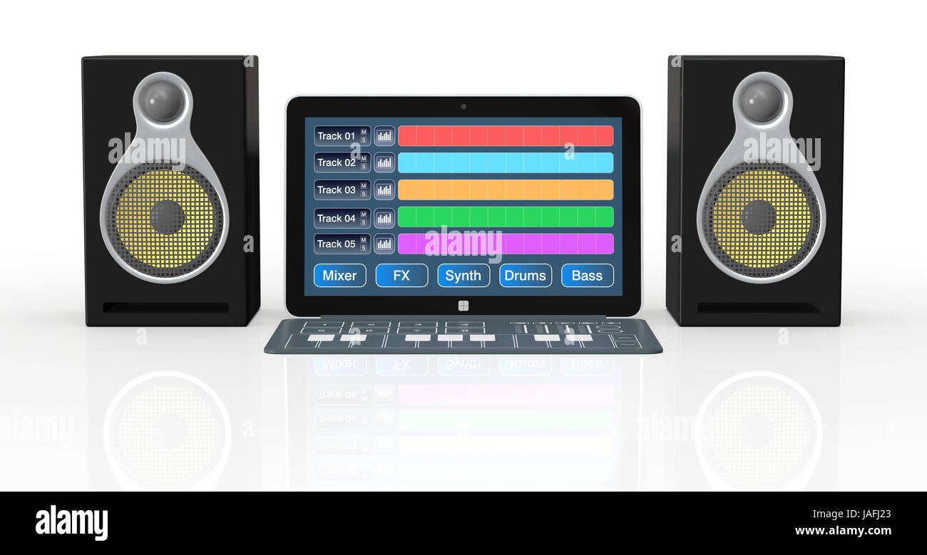 notebook with digital audio software, a dedicated keyboard and studio ...