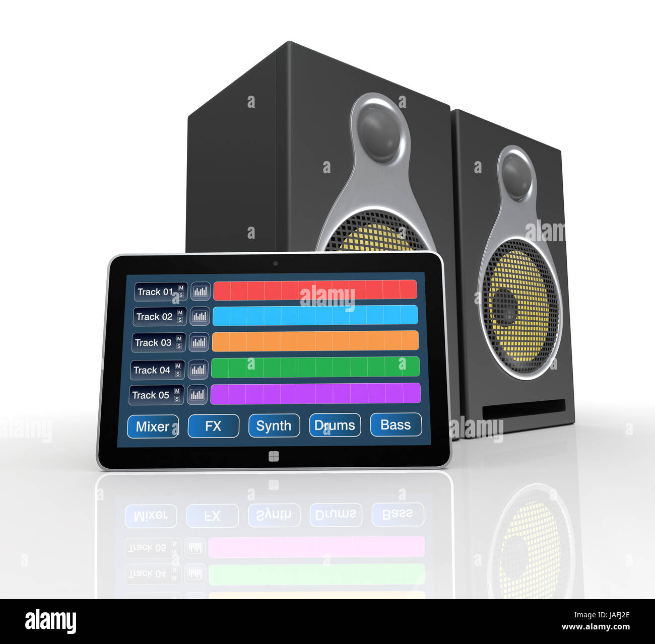 tablet pc with digital audio software and studio monitors (3d render ...