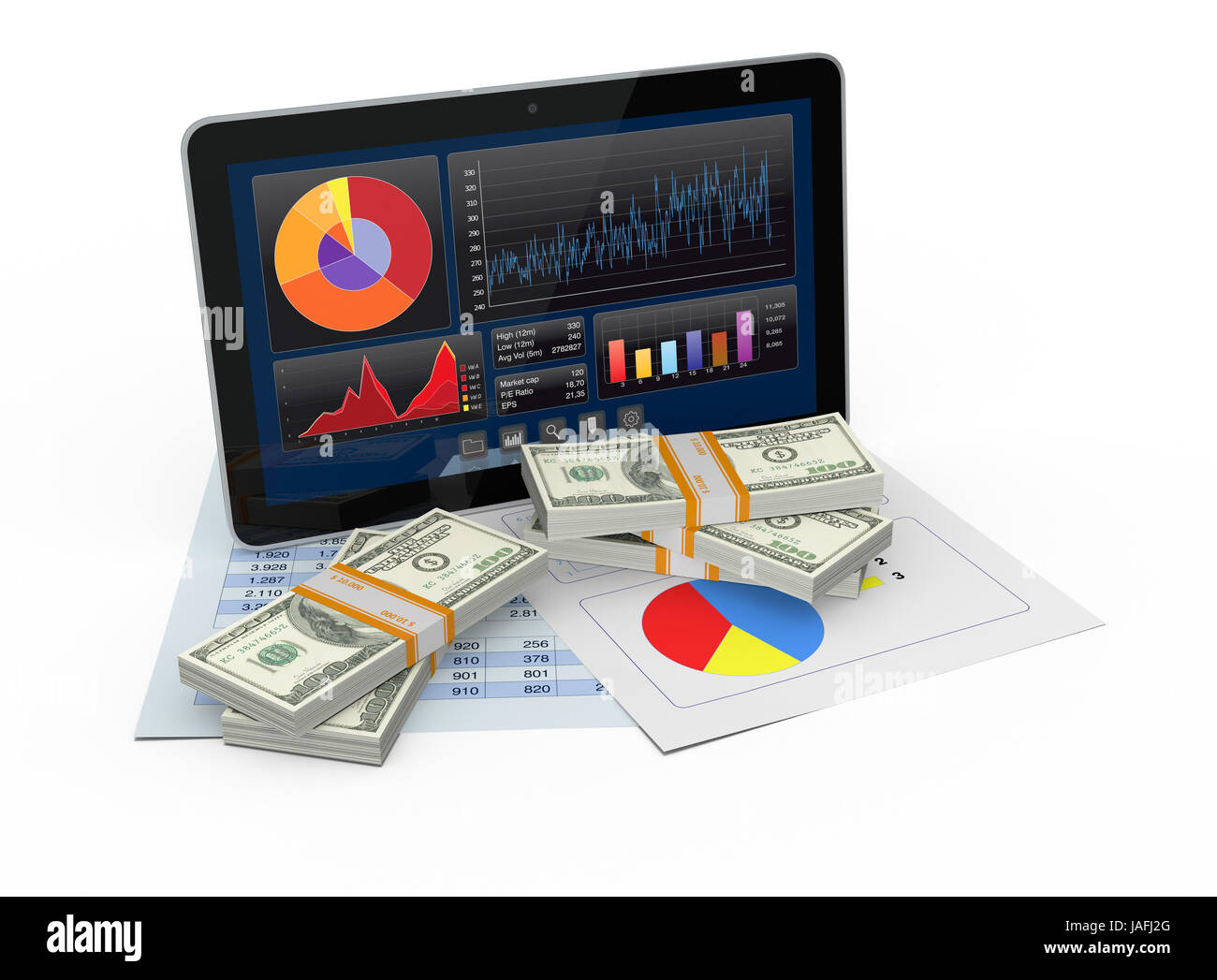 one tablet pc with a financial software, paper worksheets, and stacks ...