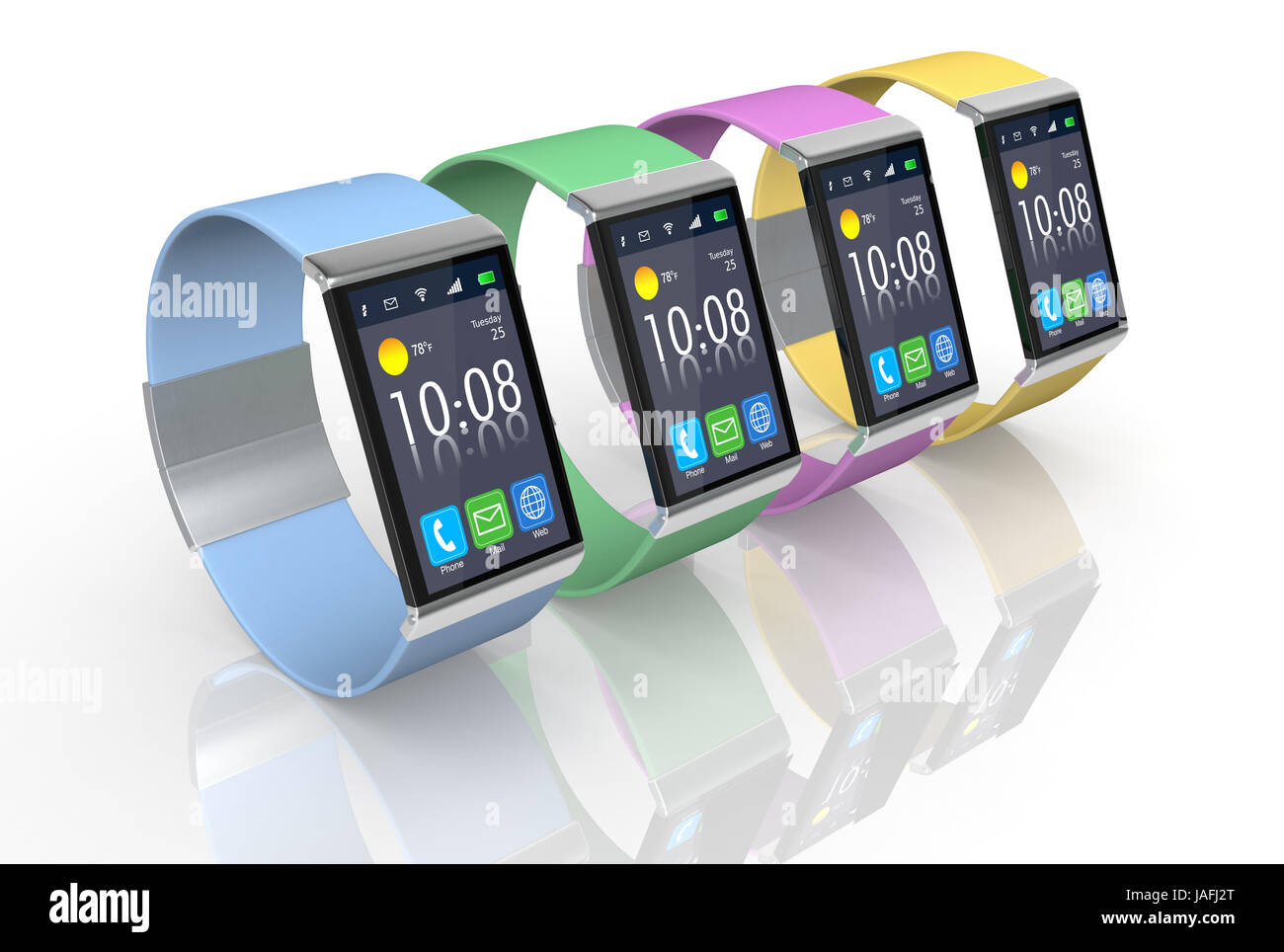 four smartwatch with the strap in different colors (3d render Stock ...