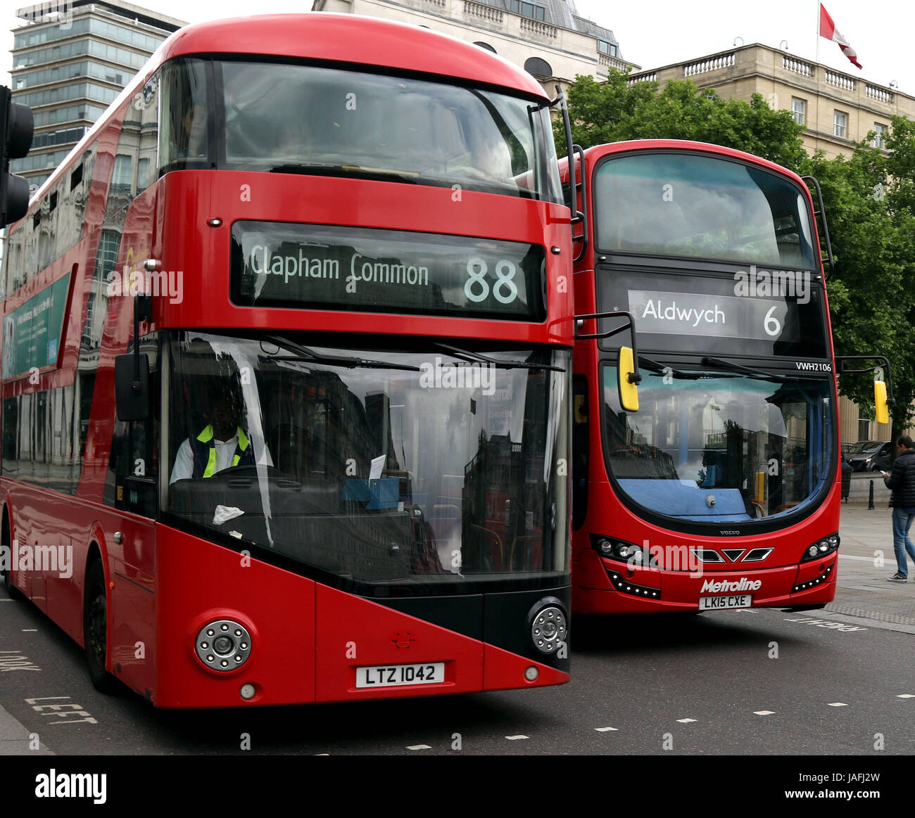 June 5, 2017 - Two London Red Bus in Trafalgar Square in the City of ...