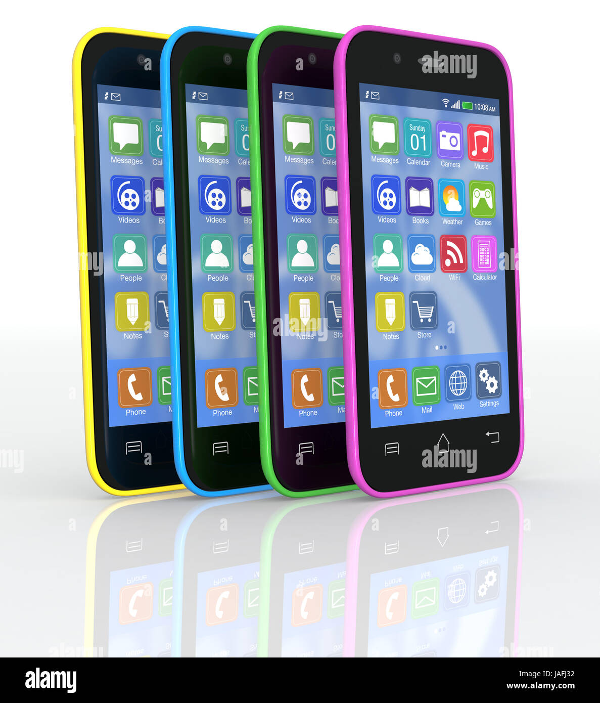 four smartphones with the cover in different colors (3d render Stock ...