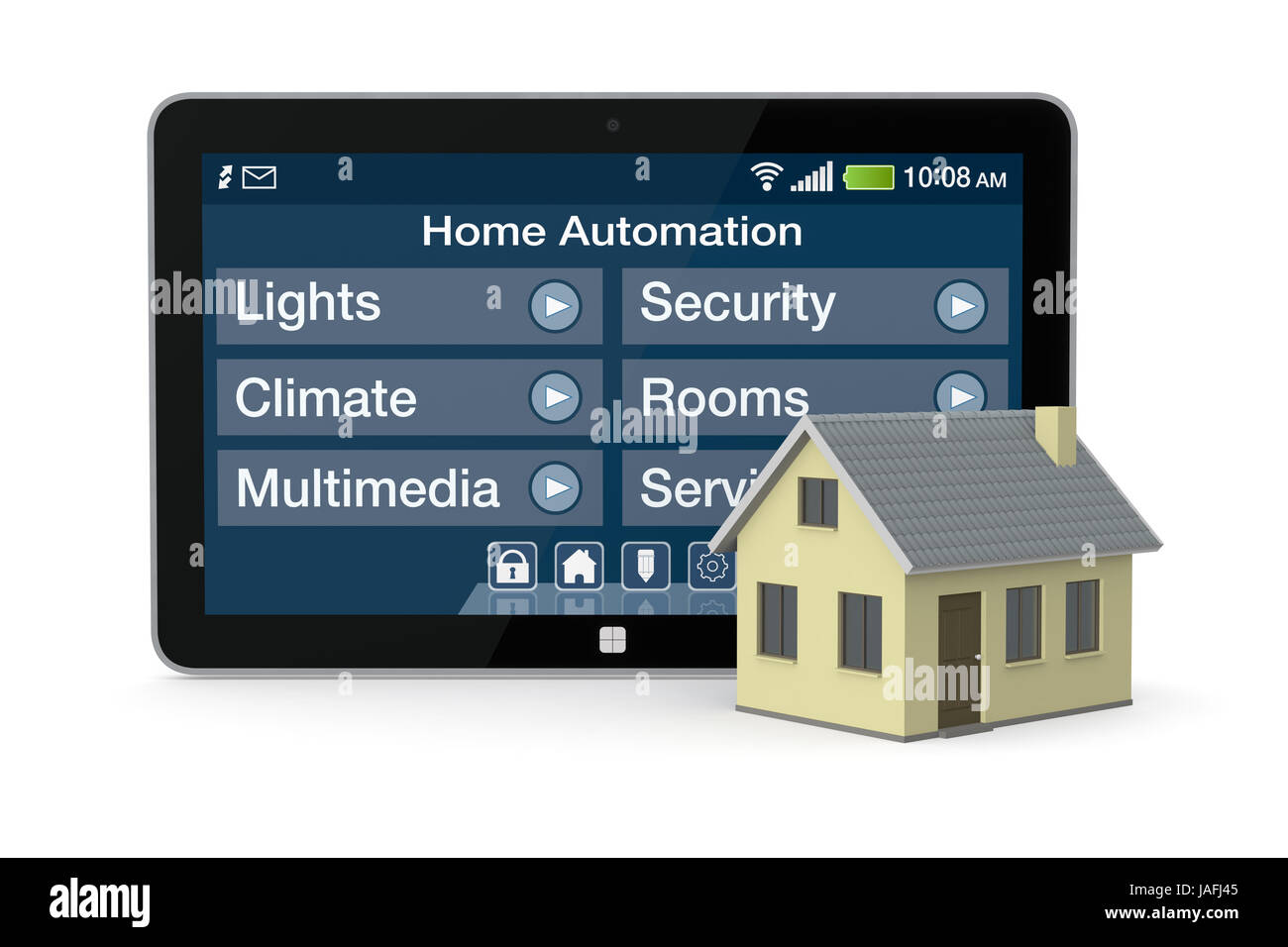 one house and tablet pc with a software for home automation (3d render ...