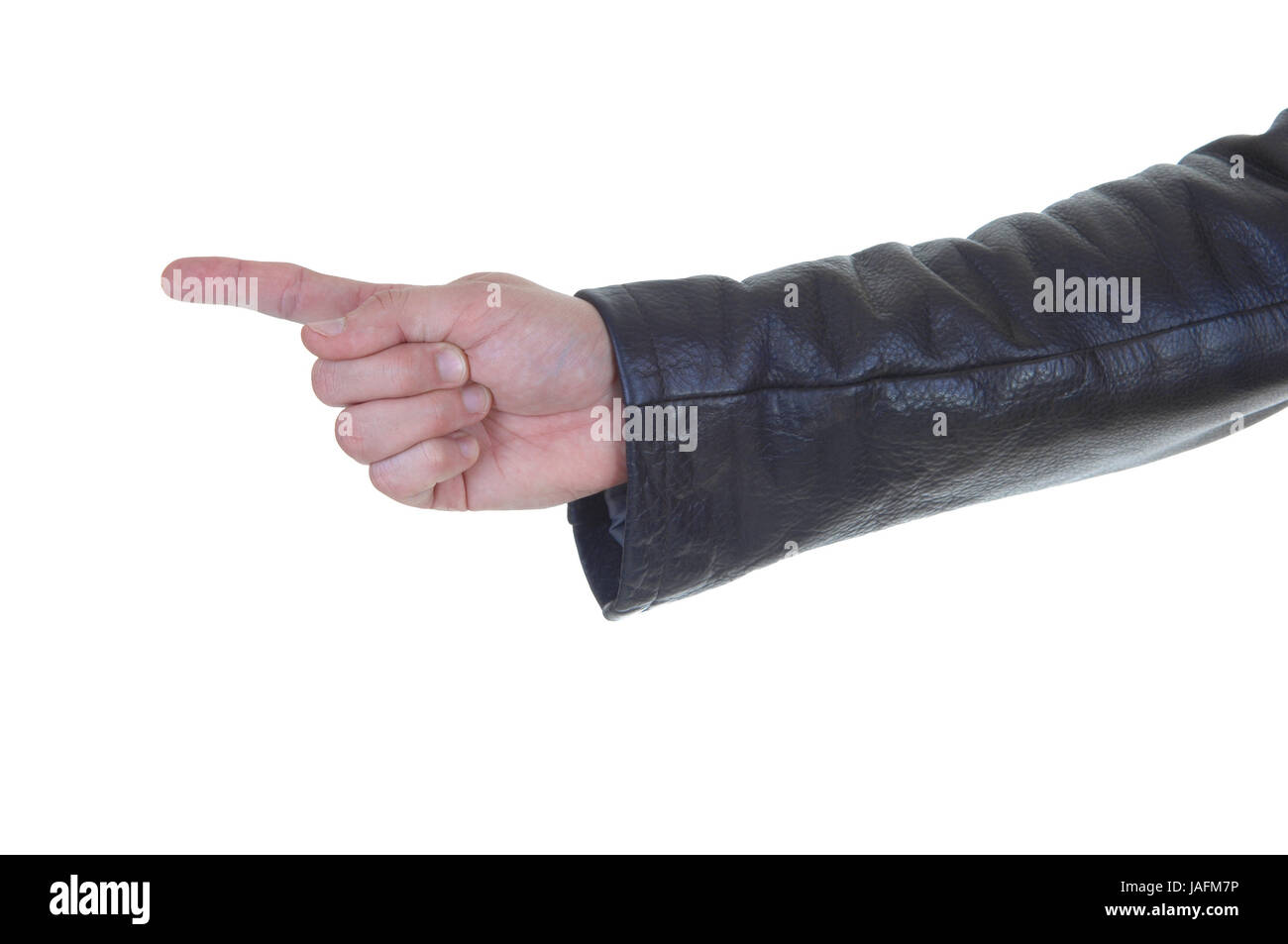 An arm of a man in a brown leather jacket pointing with his finger, for ...