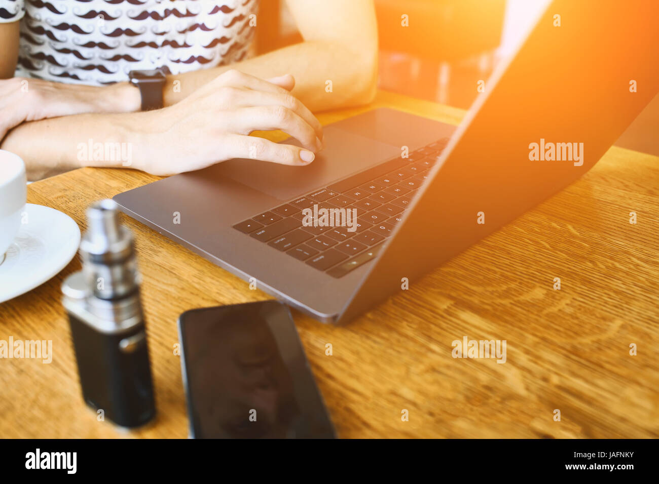 Photo businessman working on modern loft office. Man sitting wood table ...