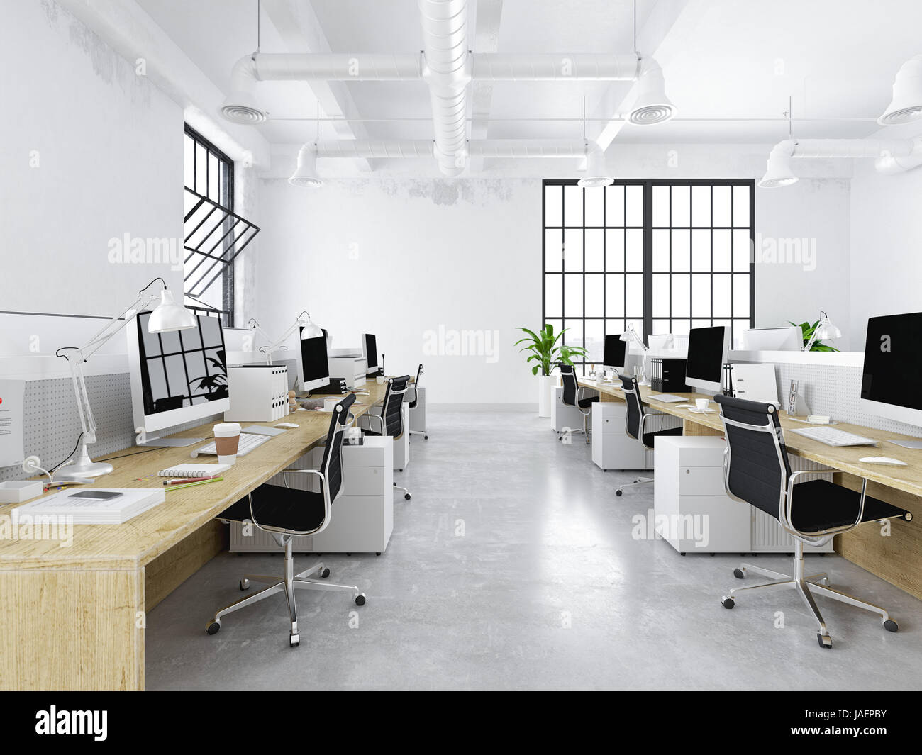 3d rendering. modern creative office with working spaces Stock Photo ...