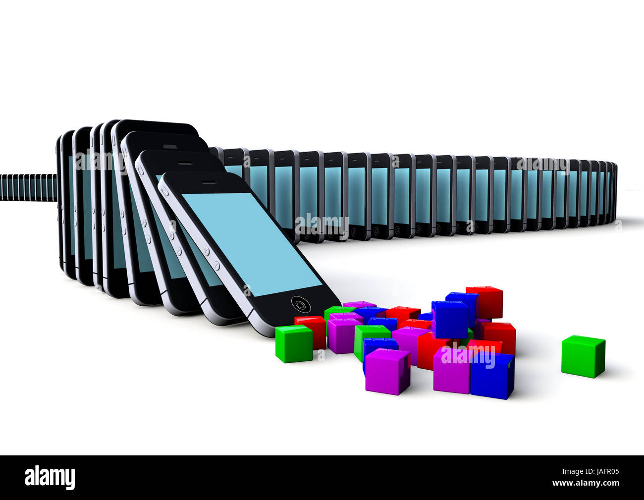 a long line made of phones with colored cubes before Stock Photo - Alamy